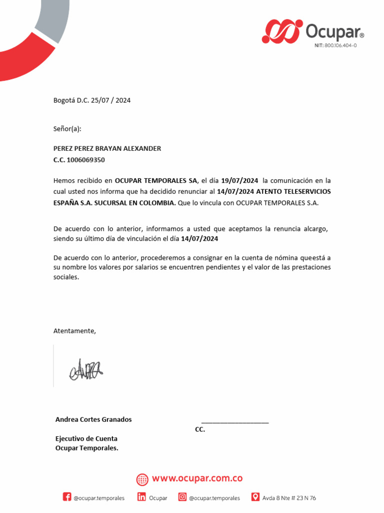 PEREZ PEREZ BRAYAN ALEXANDER Aceptacion de Renucia | PDF