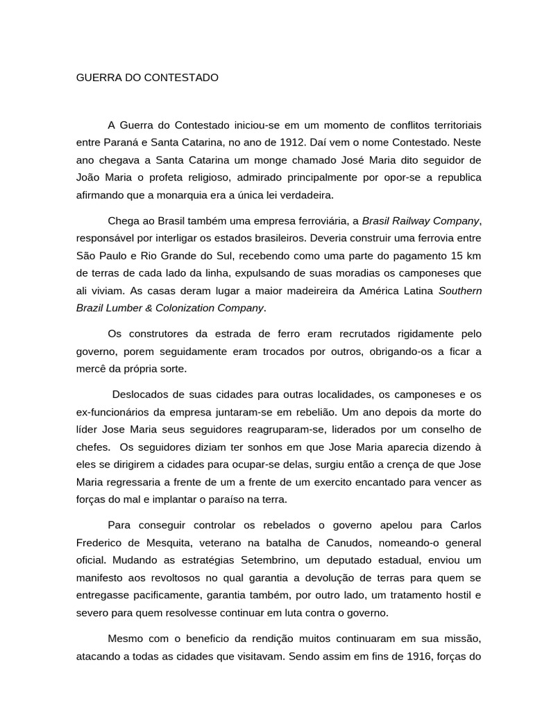 Guerra Do Contestado | PDF | Militar | Conflitos
