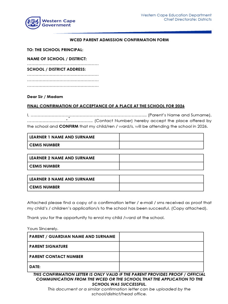 Wced Parent Confirmation Form 2026 | PDF