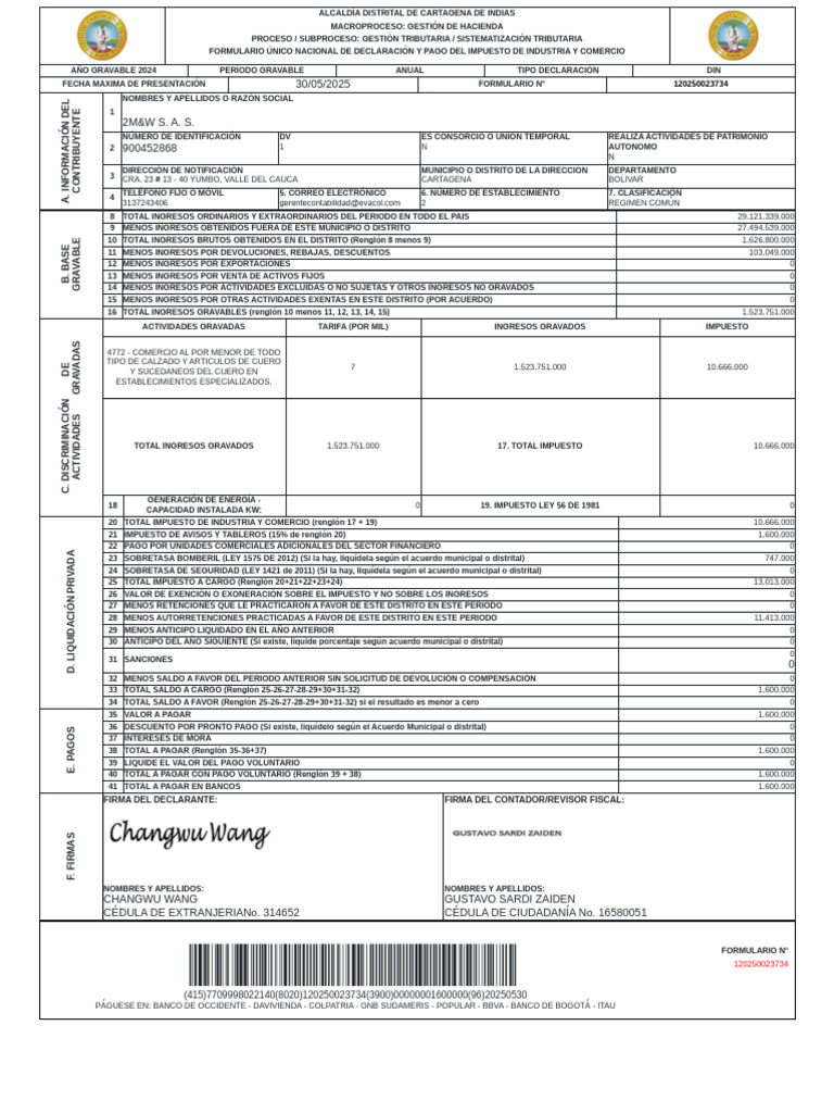2M- Declaraciones Ind y Cio Cartagena AG 2024 Definitiva | PDF | Impuestos