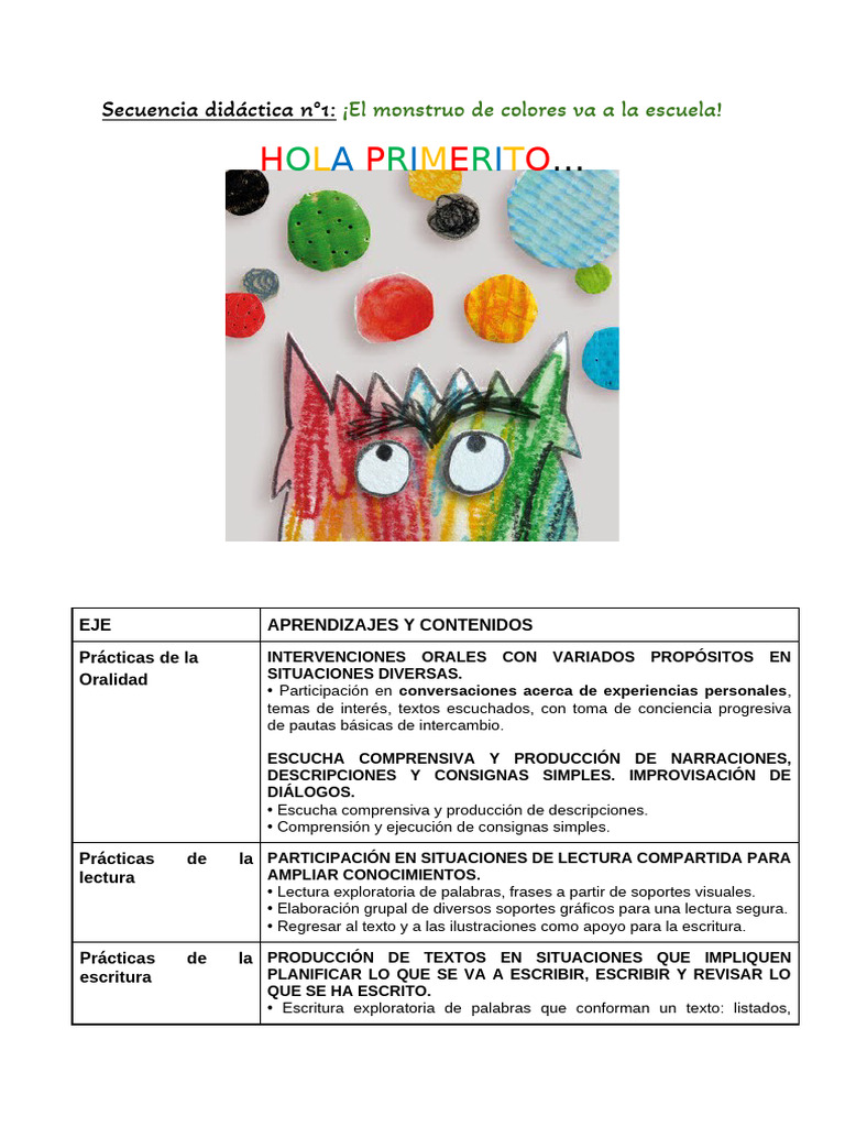 Secuencia Didáctica N°1 - ¡El Monstruo de Colores Va A La Escuela | PDF ...