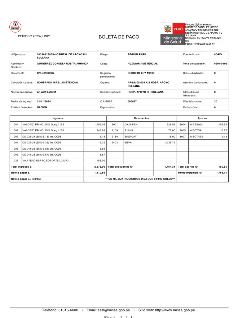 Bol Pago Dni 43960607 2025-Junio Planilla Activos PDF | PDF
