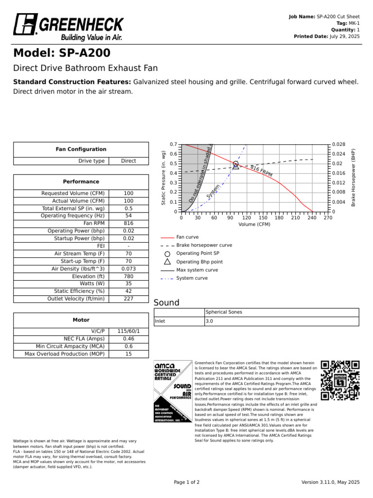 02 Greenheck Standard SP-A200 Ceiling Exhaust Fan | PDF | Horsepower ...