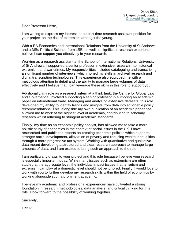 Dhruv Shah CoverLetter1 | PDF | Economics | Economies