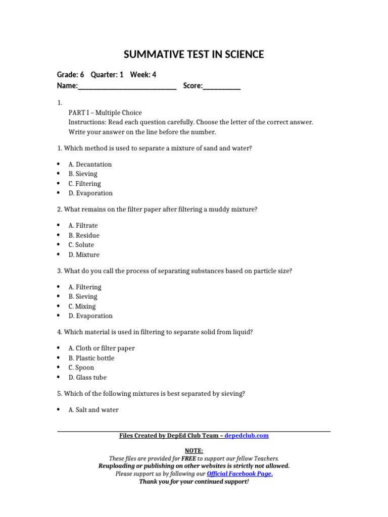 Grade 6 Science: Mixture Separation Test | PDF | Filtration | Mixture