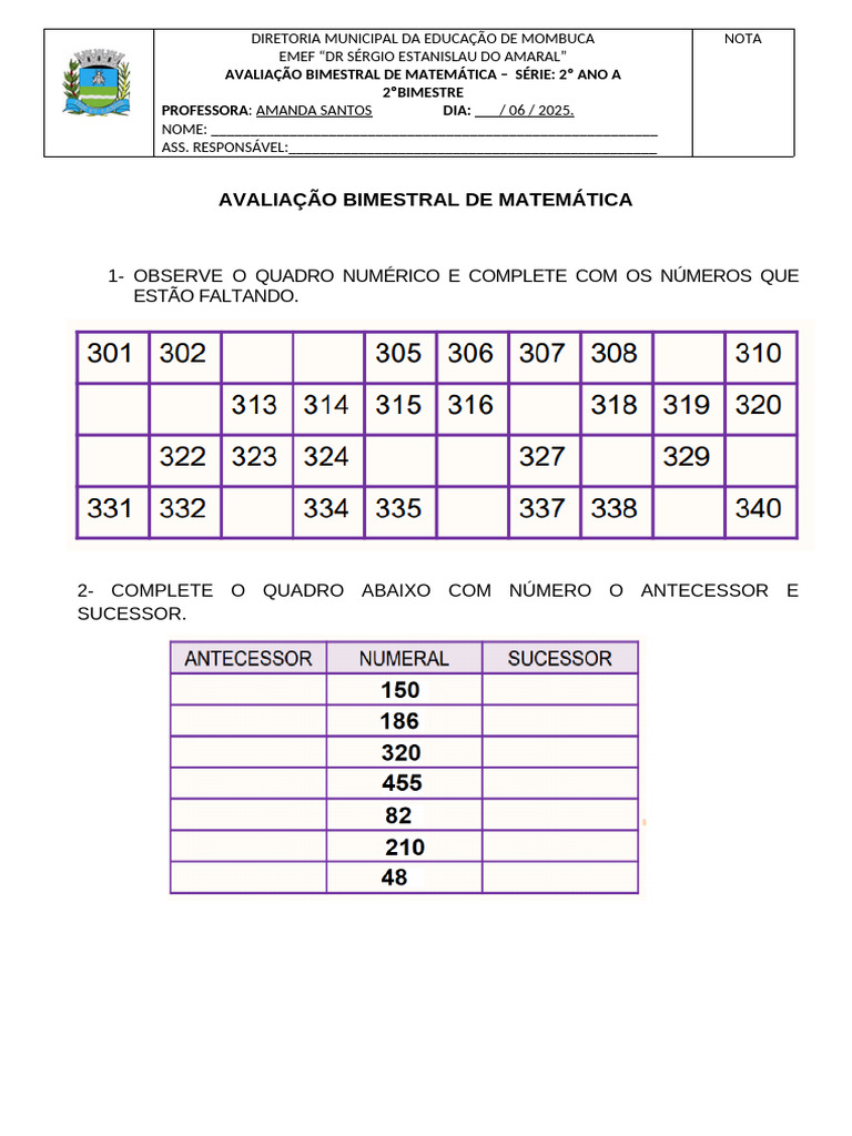 Avaliação De Matemática 2º Ano 2º Bimestre Pdf