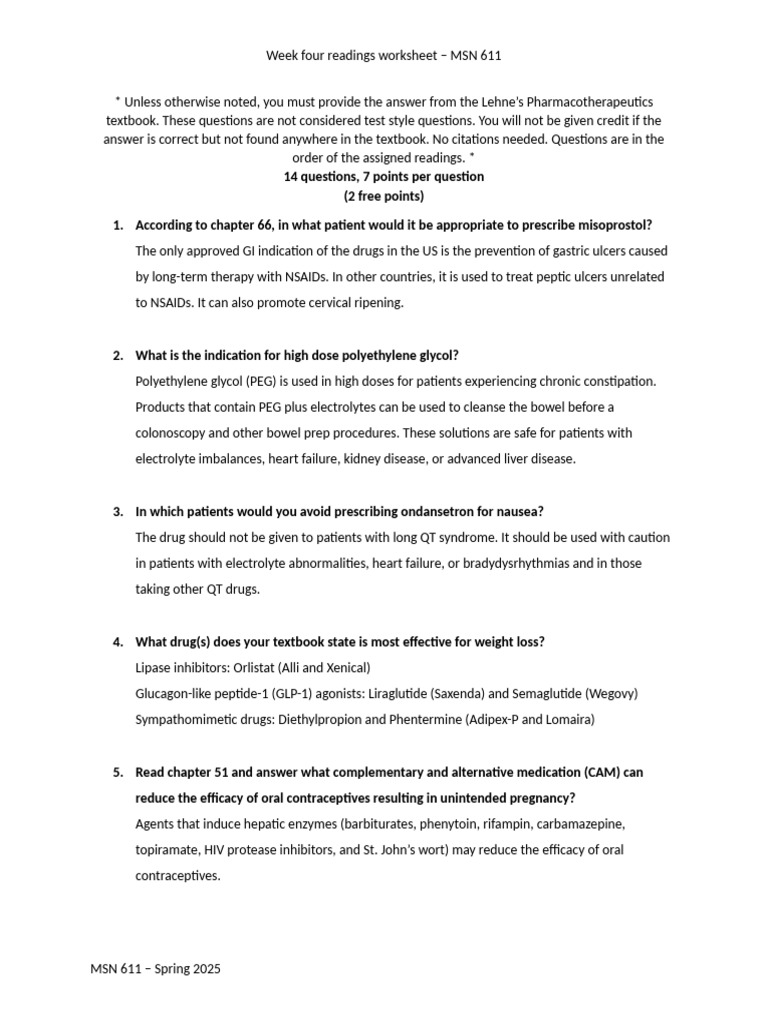 MSN 611 Week 4 Readings Worksheet | PDF | Diabetes | Gout