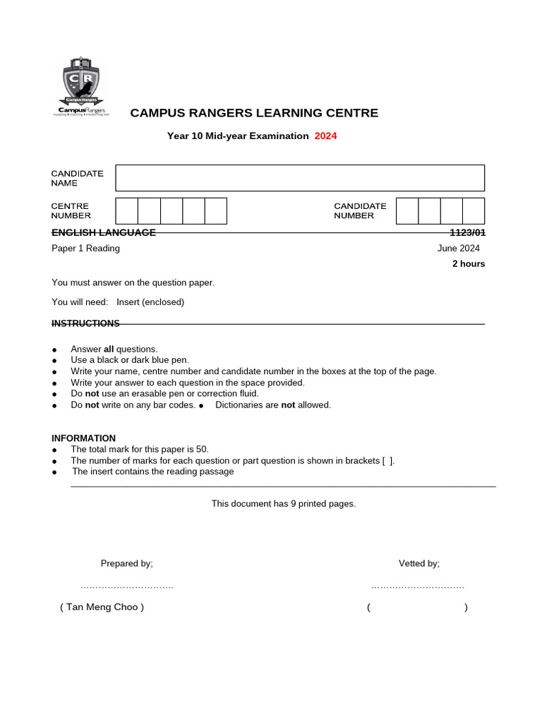 English 1123 Paper 1 Specimen 2025 | PDF