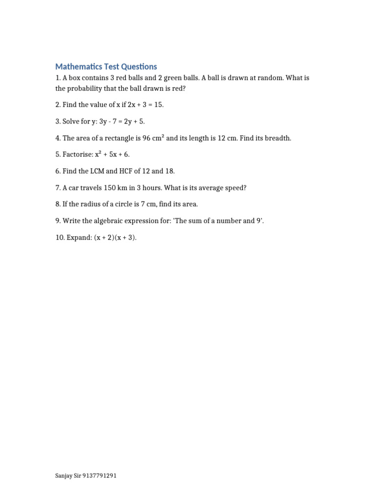 Year 9 Algebra and Math Questions | PDF