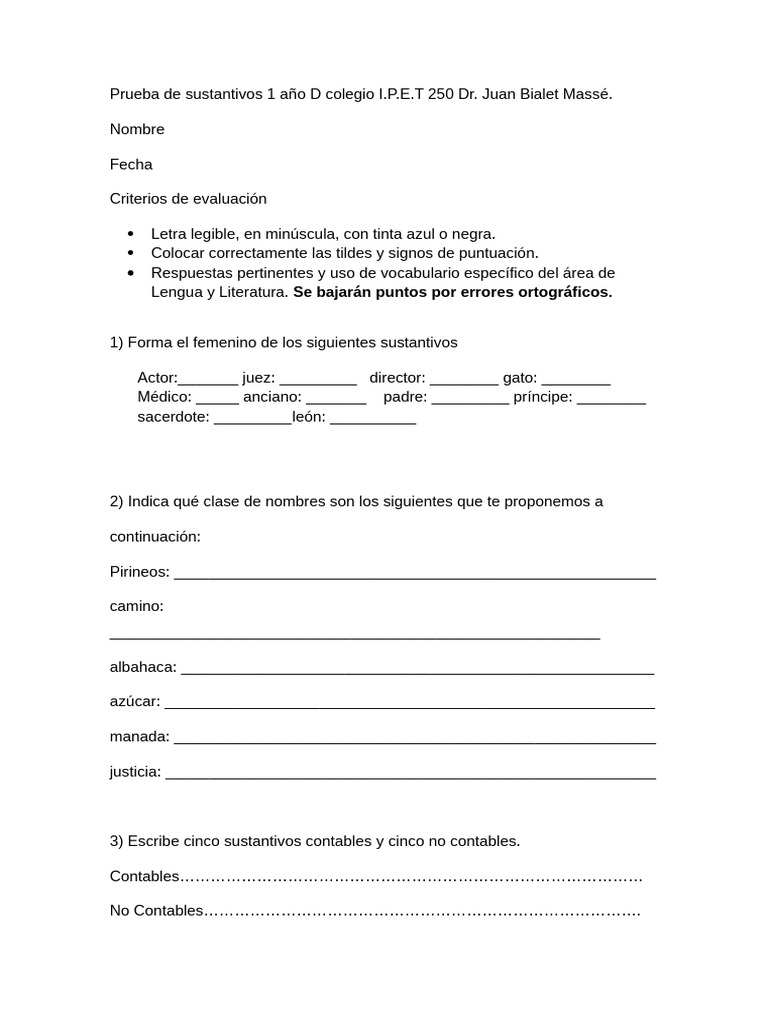 Prueba de Sustantivos 1 Año D Colegio I | PDF