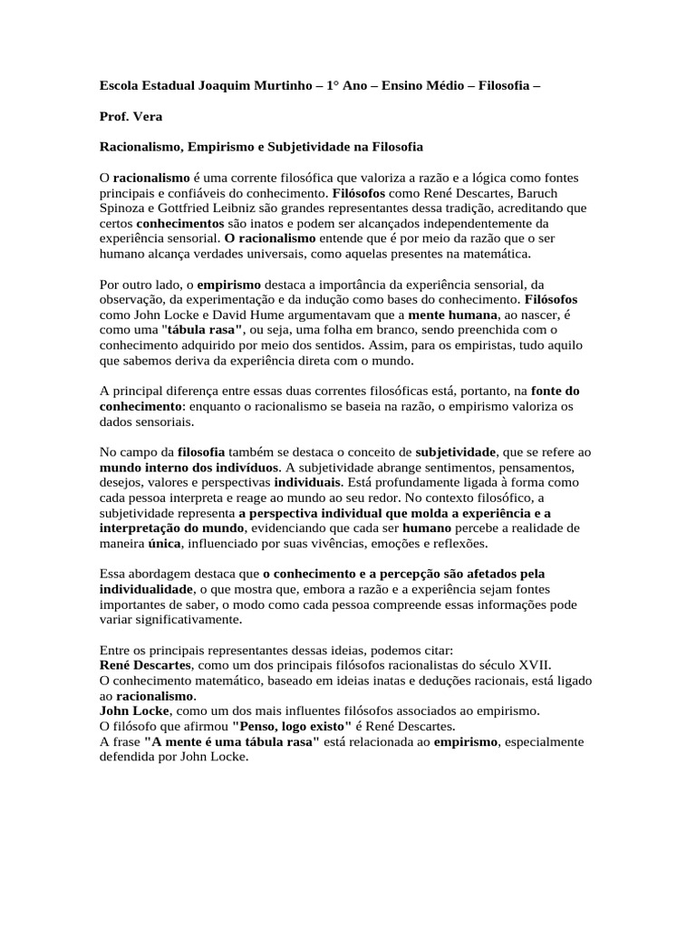 Resumo de Filospfia - 1 Ano -Mur | PDF | Empiricismo | Experiência