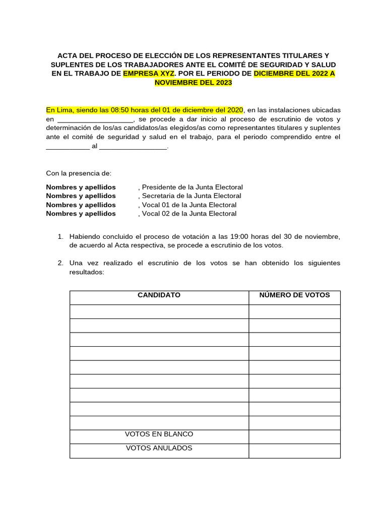 (Formato 9) Acta Del Proceso de Elección Del CSST | PDF | Elecciones ...