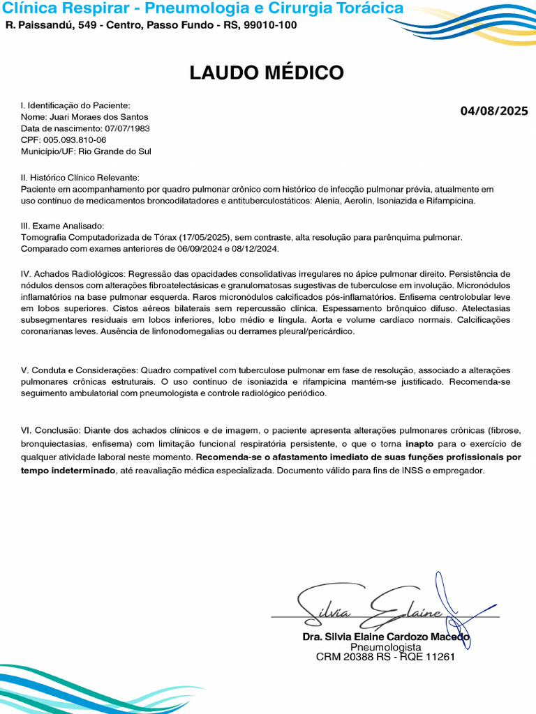 Laudo Juari Moraes Torax 2025 Uma Pagina PDF | PDF