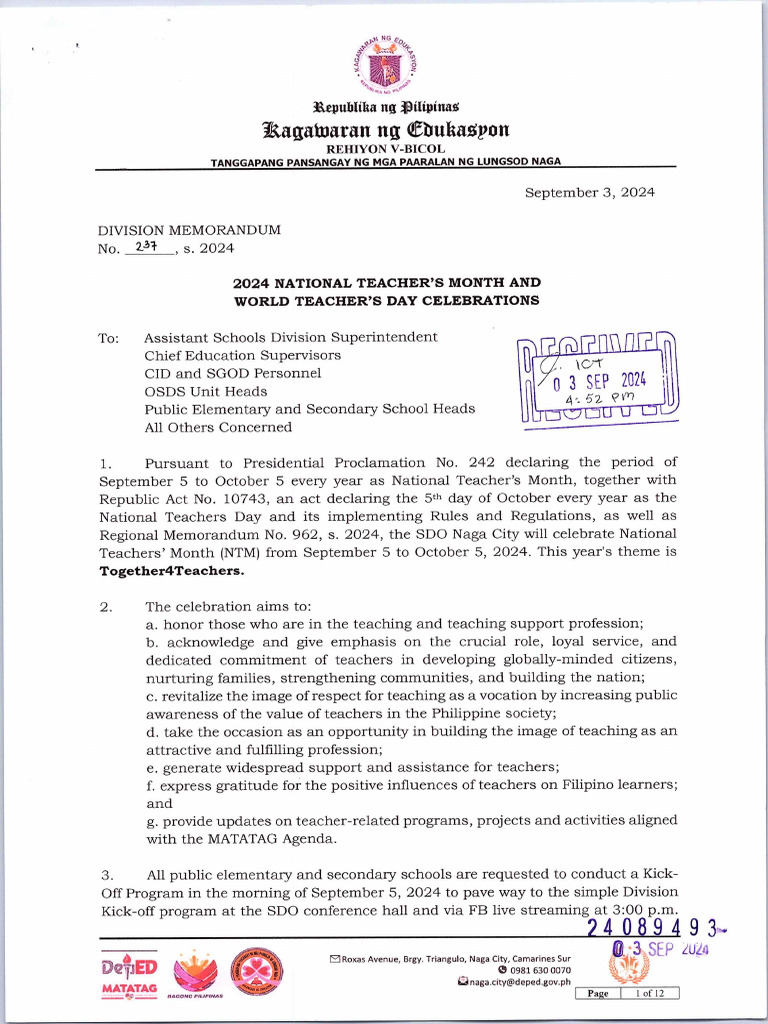 DM No. 237, S. 2024 2024 National Teacher's Month and World Teacher's ...