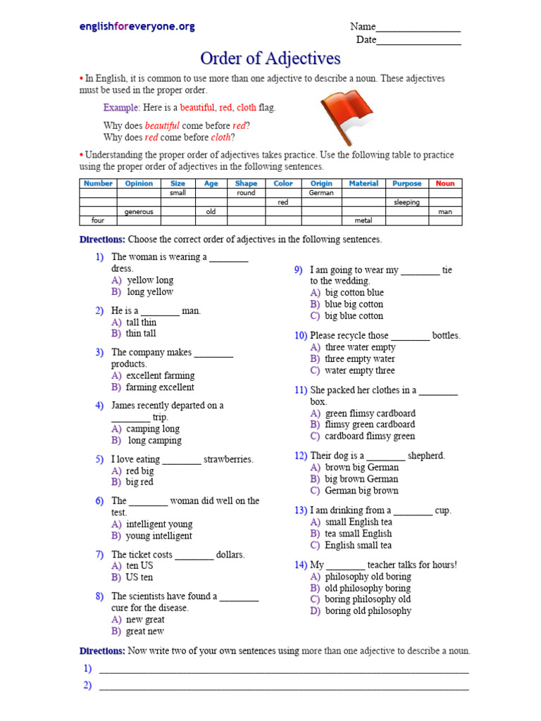 Adjective Order Practice Exercise | PDF
