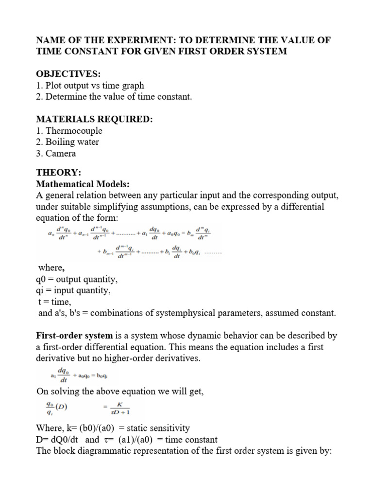 First Order System Time Constant Experiment | PDF | Equations | System