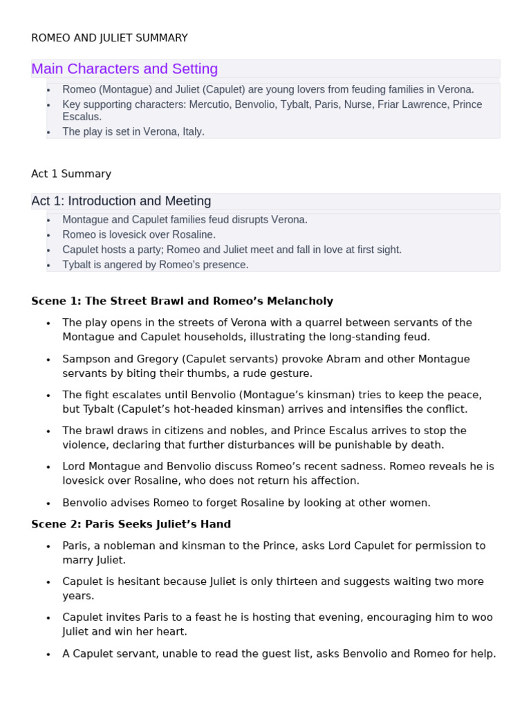 Romeo and Juliet Summary | PDF | Characters In Romeo And Juliet | Romeo ...