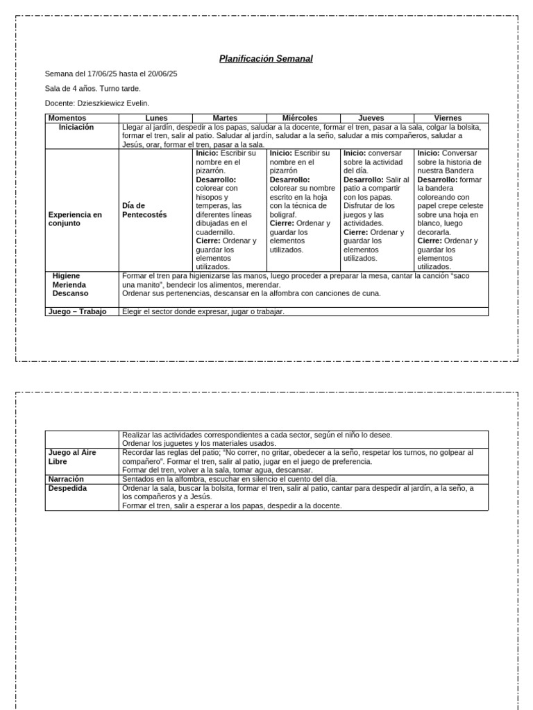 Planificación Semanal Jardín 4 Años | PDF