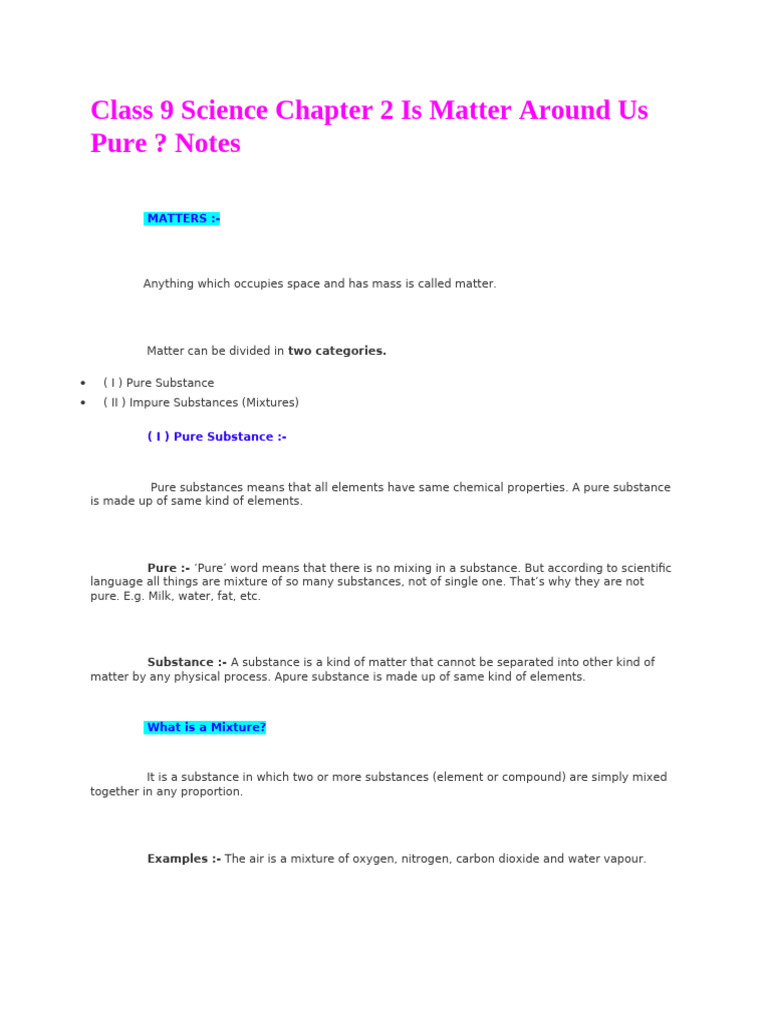 Class 9 Science Chapter 2 Is Matter Around Us Pure Notes PDF | PDF ...