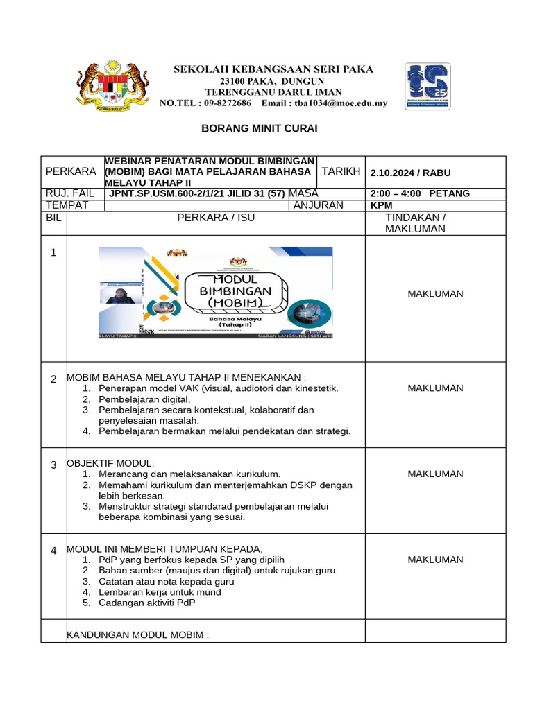 MINIT CURAI - WEBINAR MOBIM BM TAHAP II | PDF