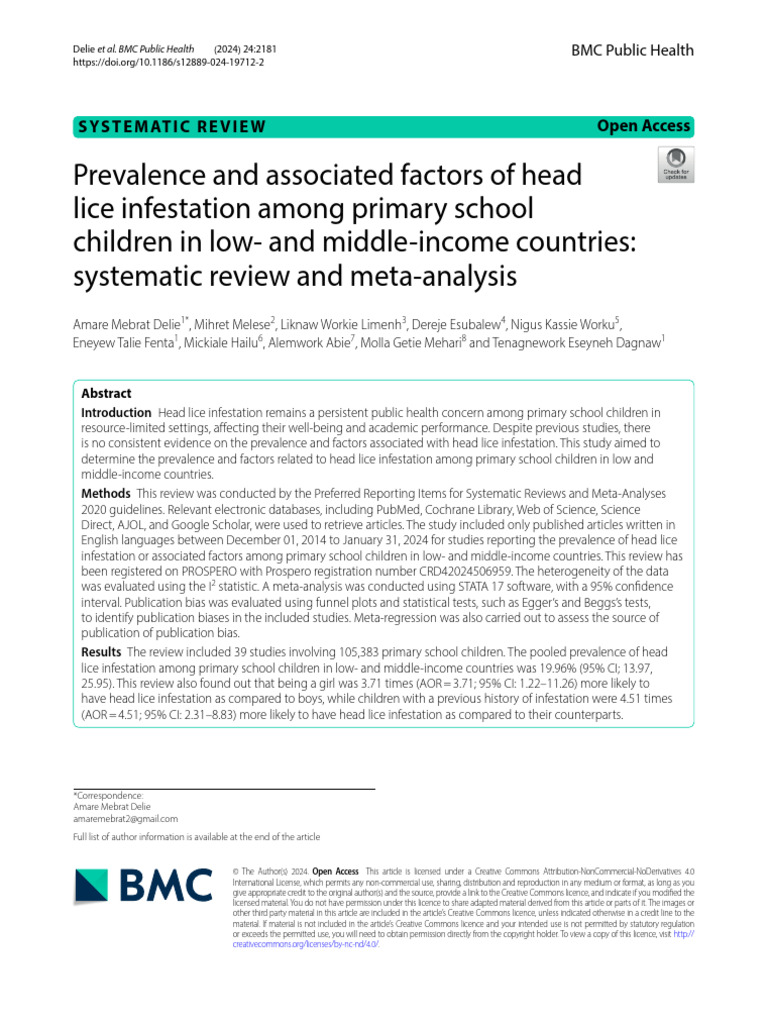 Prevalence and Associated Factors of Head - Lice Infestation Among ...