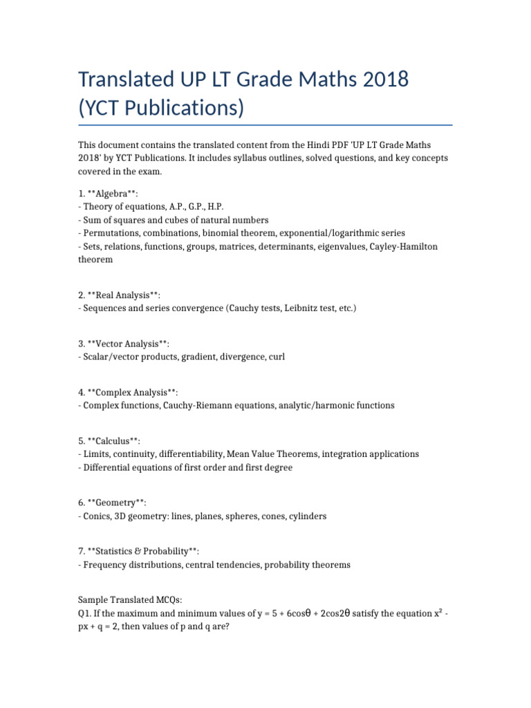 UP LT Grade Maths 2018 Overview | PDF