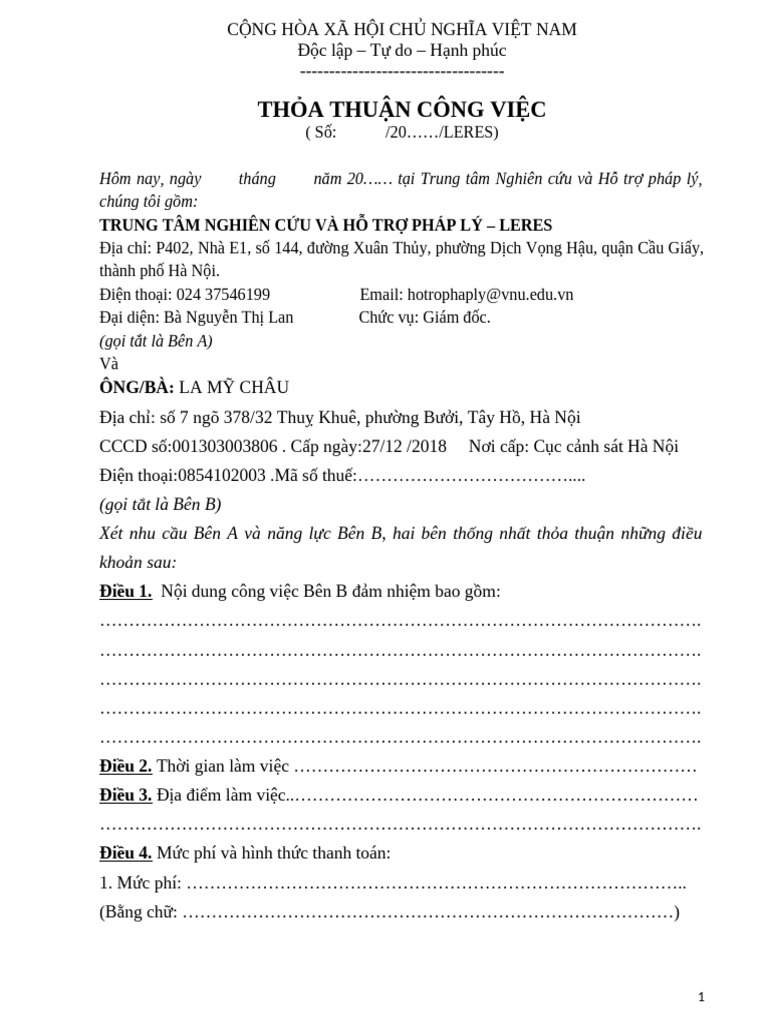 Thoa Thuan Cong Viec - Khong Thue | PDF