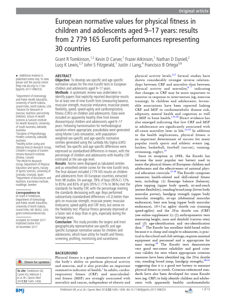 European Normative Values For Physical Fitness in Children and ...