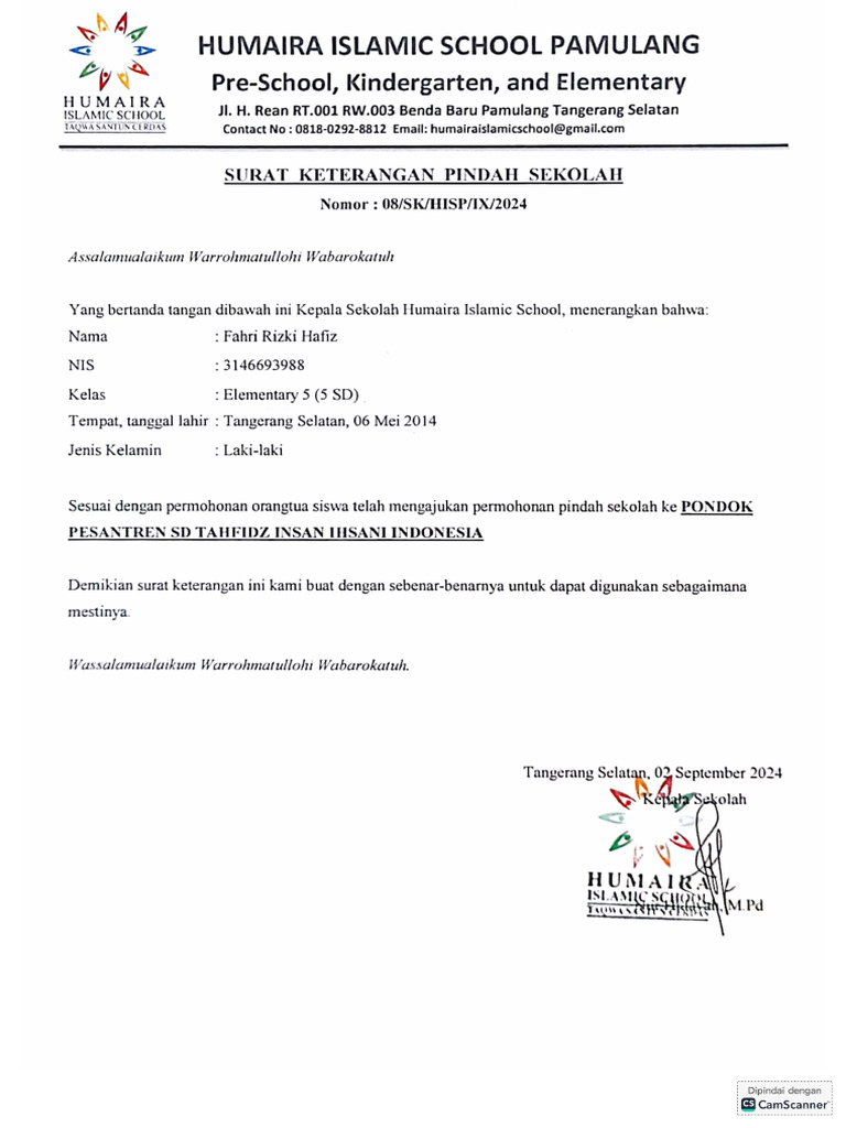 Surat Pindah Fahri | PDF