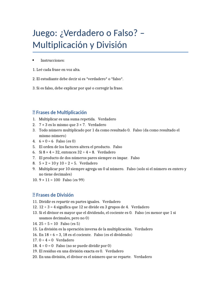 Juego de Verdadero o Falso: Multiplicación y División | PDF