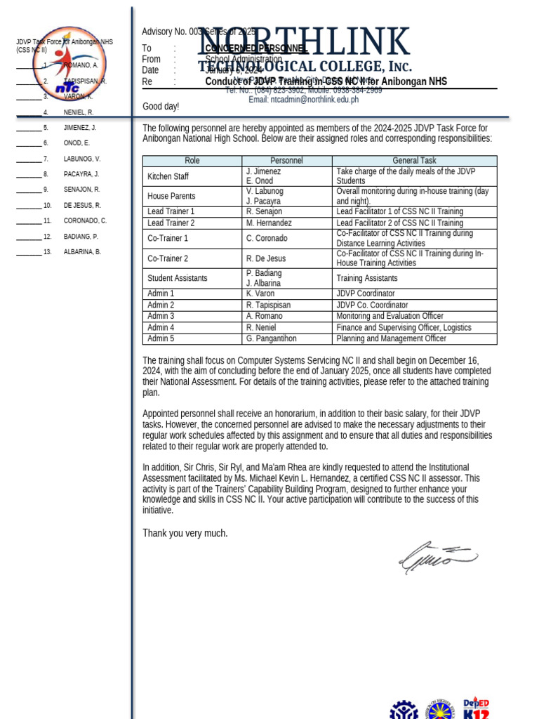 Advisory 003 S 2025 Conduct of JDVP Training - CSS, Anibongan NHS | PDF