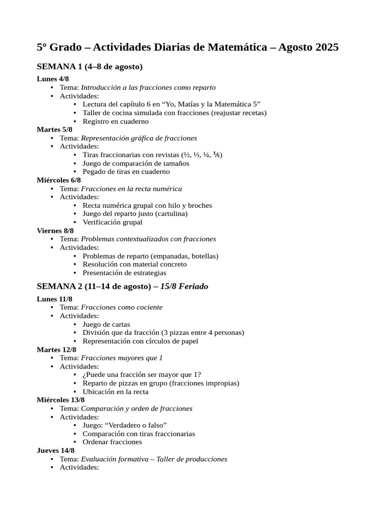 5to Diarias Agosto Matematicas | PDF | Matemáticas | División (Matemáticas)