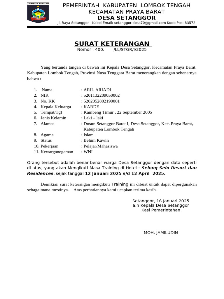 Surat Keterangan Training Aril Ariadi | PDF