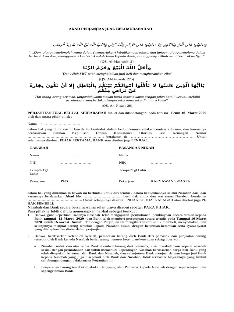 Akad Jual-Beli Murabahah Syariah | PDF
