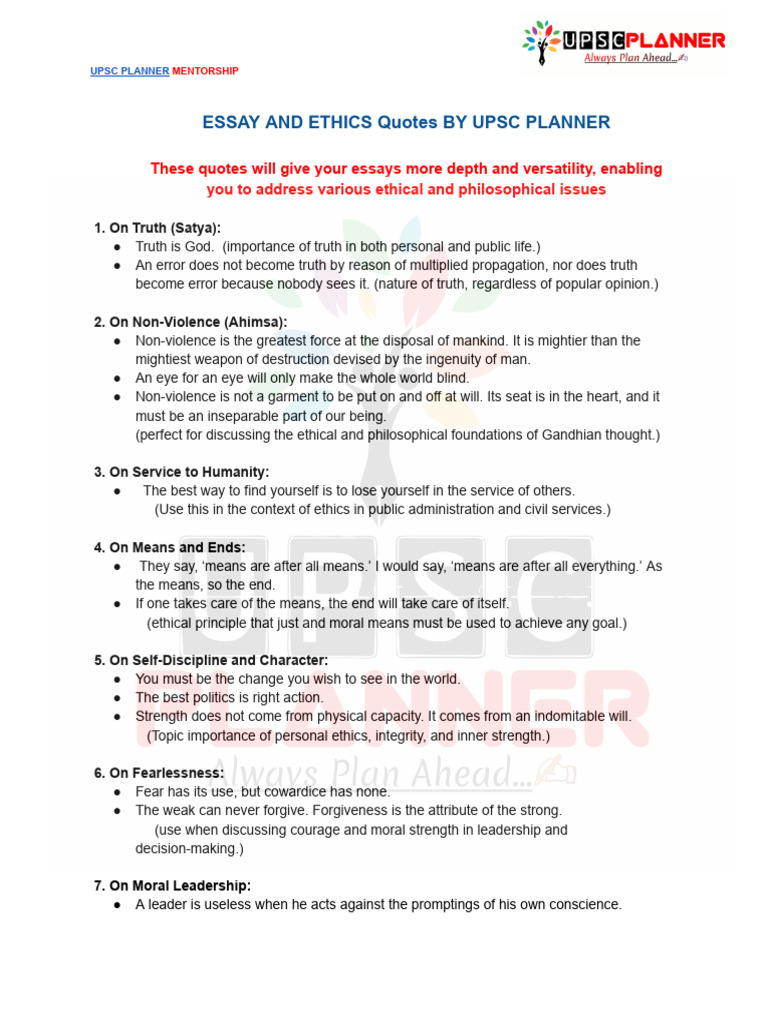 UPSC Ethics Quotes for Essays | PDF | Nonviolence | Conscience