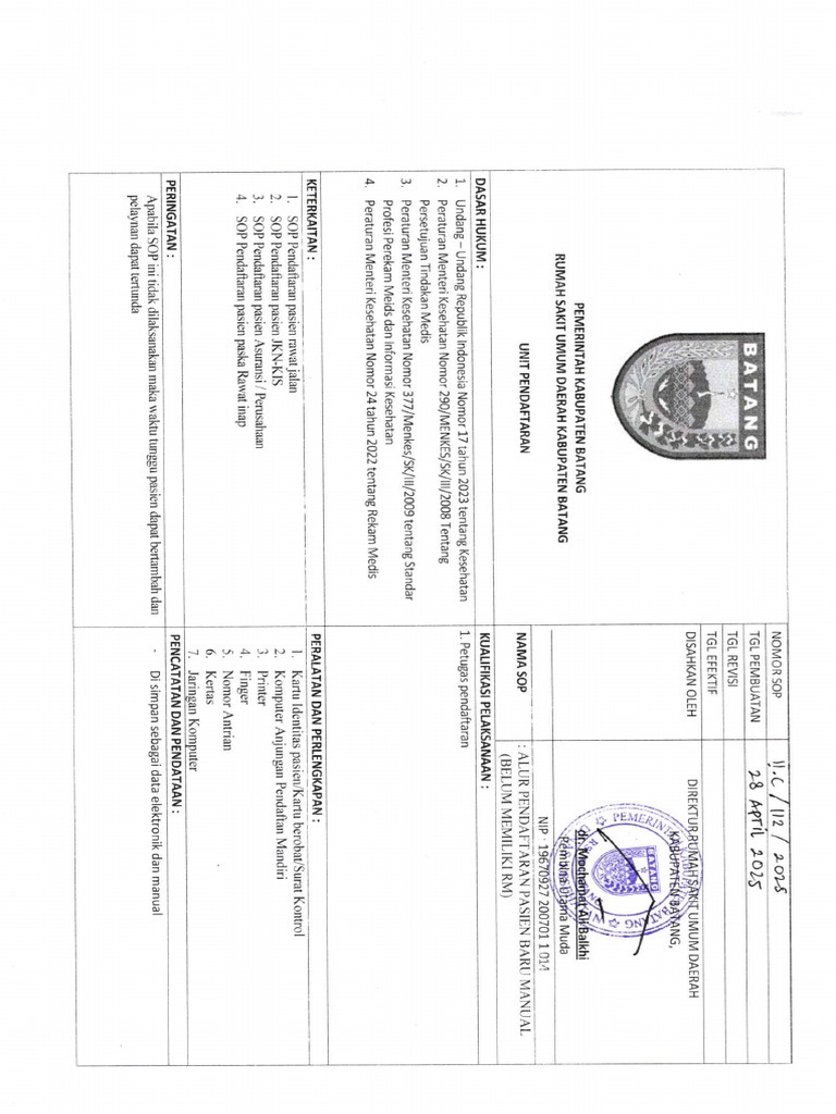 SPO Alur Pendaftaran Pasien Baru Manual (BLM Punya RM) | PDF