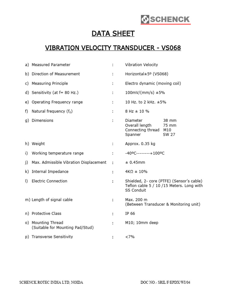 VS068 Vibration Sensor Data Sheet | PDF