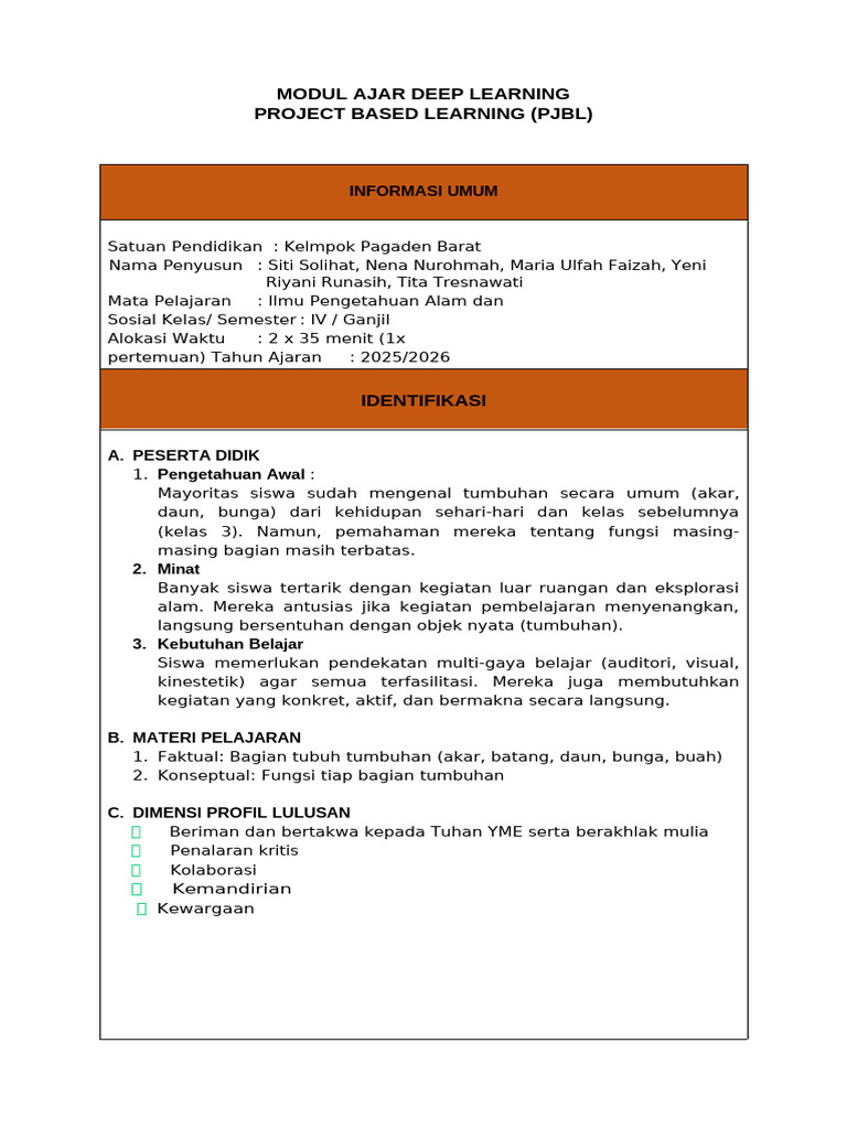 Modul Ajar Deep Learning IPAS Kelas 4 Materi Bagian Tubuh Tumbuhan Dan Fungsinya | PDF