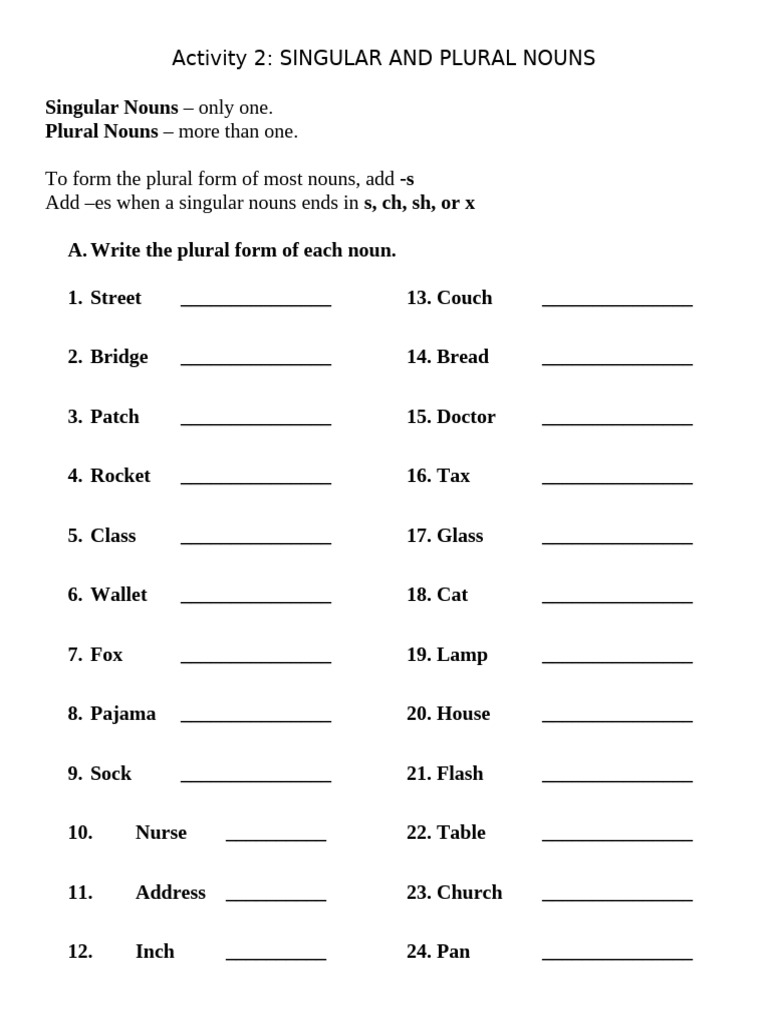 ACTIVITY 2 SINGULAR AND PLURAL NOUNS | PDF
