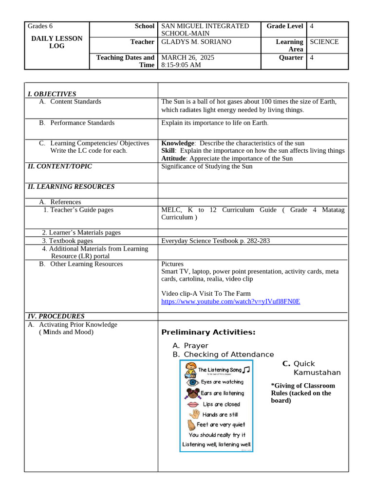 Grade 4 Science Lesson on the Sun | PDF | Sun | Learning
