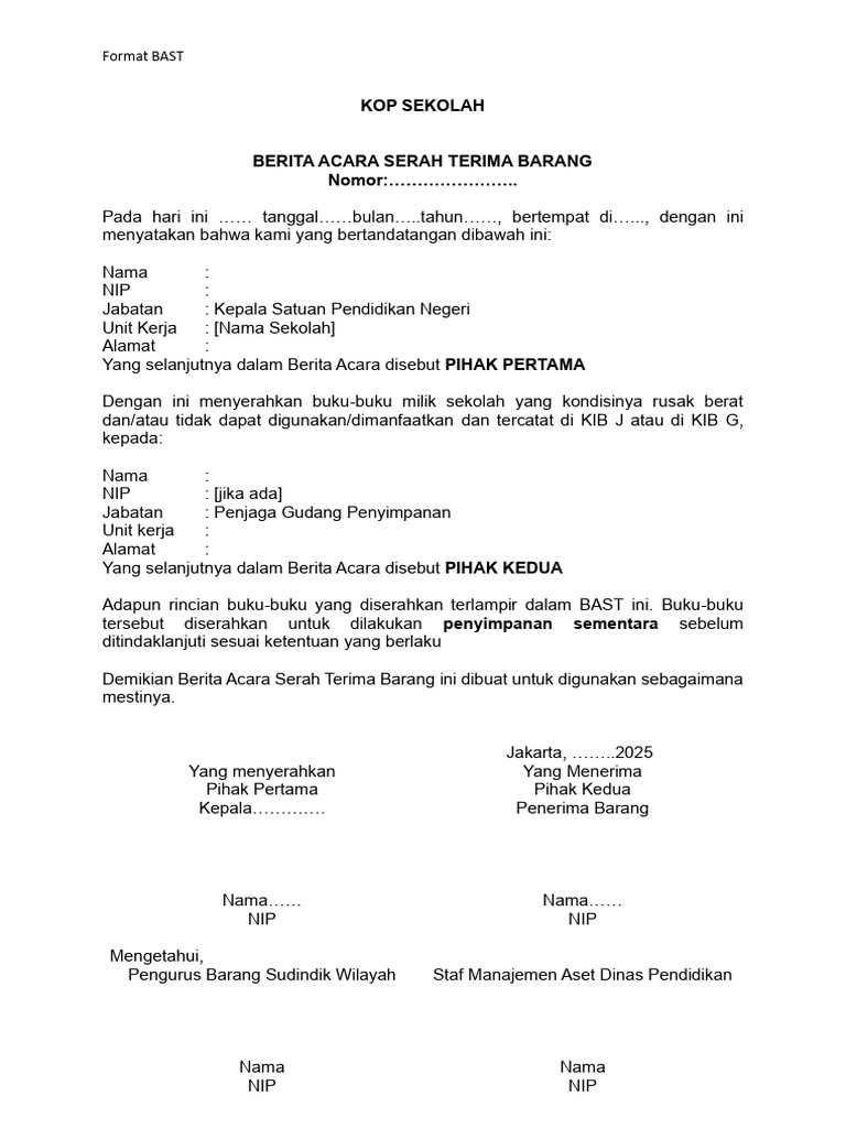 Contoh Format BAST Serah Terima Barang | PDF