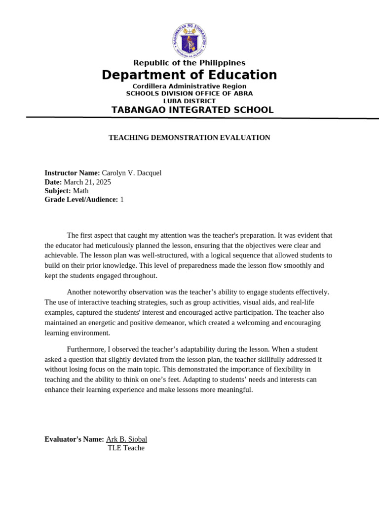 Math Teaching Demo Evaluation Report | PDF | Teachers | Lesson Plan