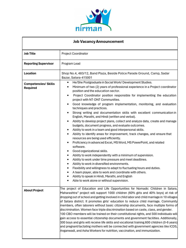 Vacancy Announcement - Project Coordinator - Satara | PDF
