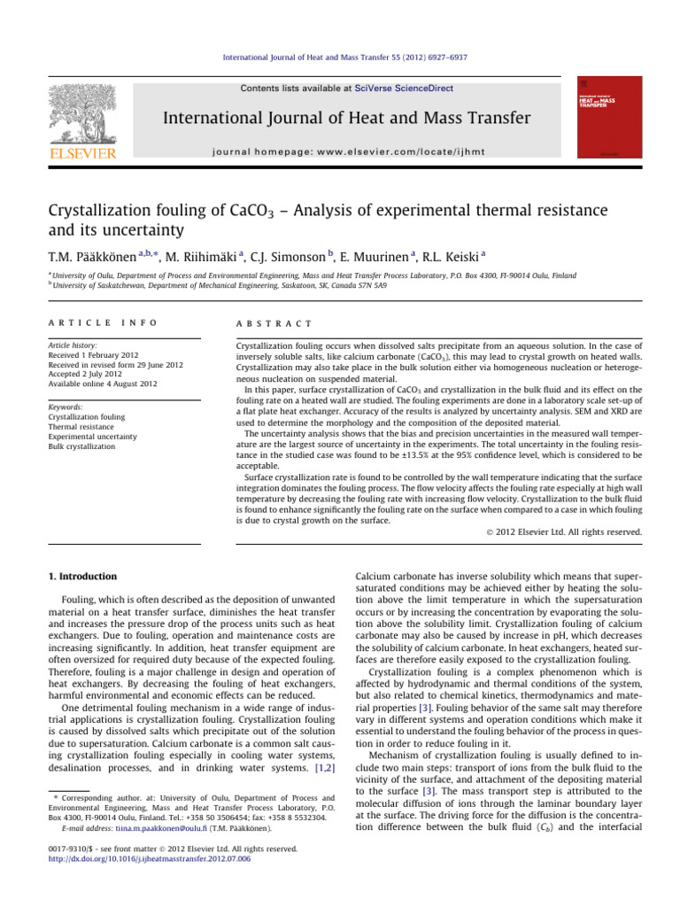 CaCO3 Crystallization Fouling Analysis | PDF | Crystallization | Solubility