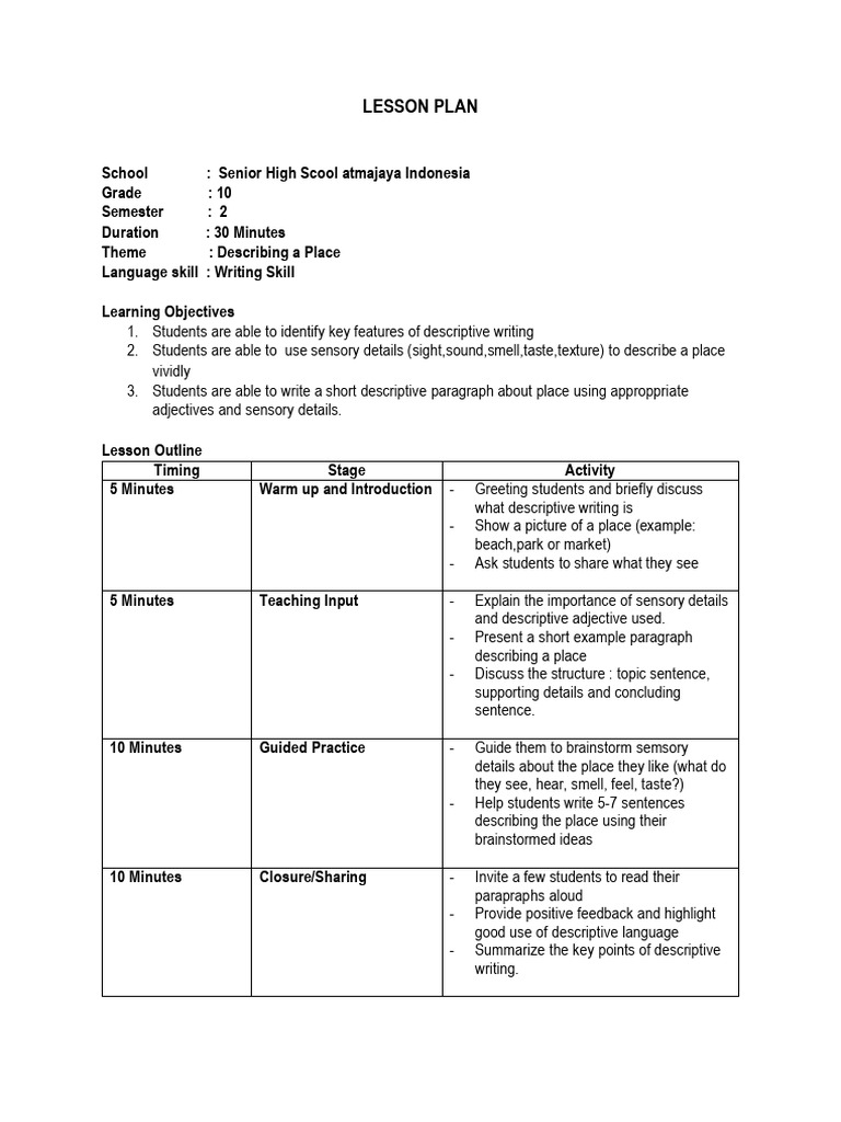 Lesson Plan Lana Fikroh 232222015 Micro Teaching | PDF | Lesson Plan ...
