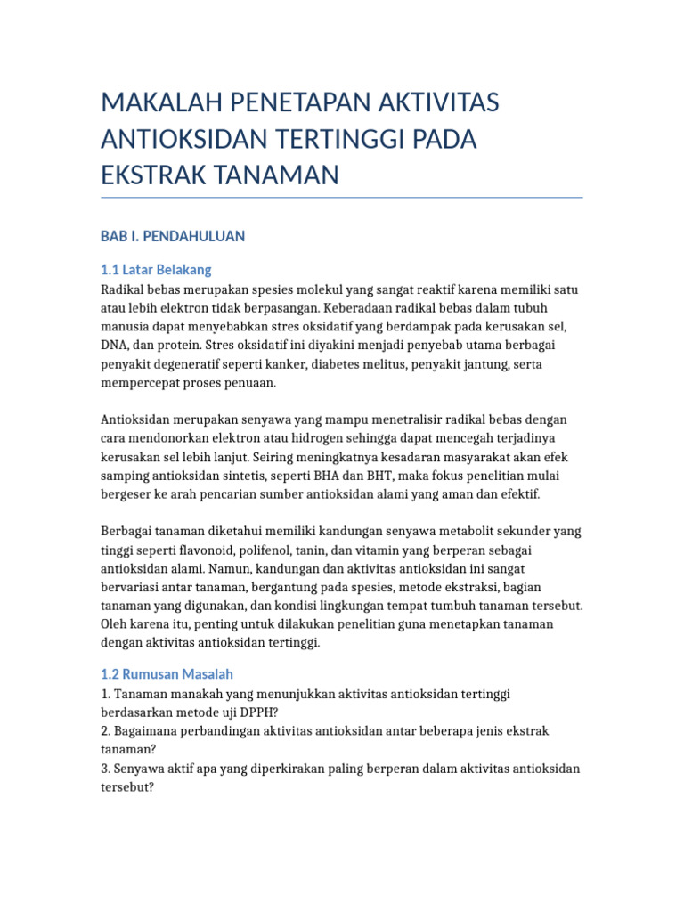 Aktivitas Antioksidan Ekstrak Tanaman | PDF