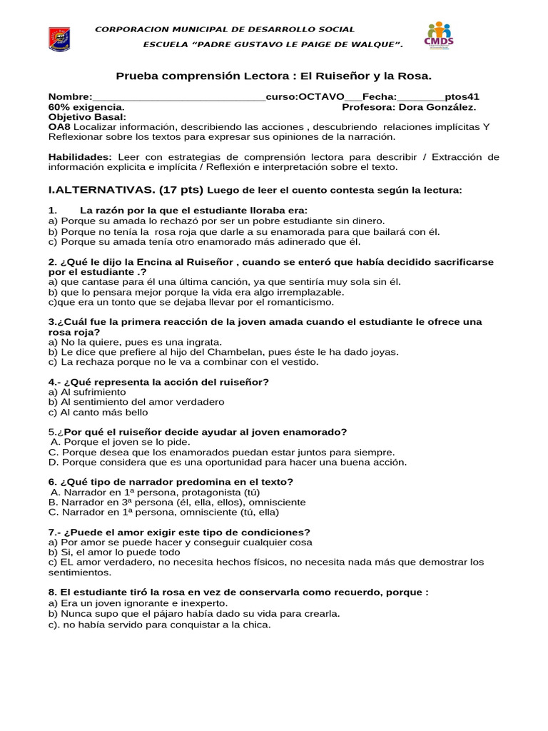 Comprensión Lectora: El Ruiseñor y la Rosa | PDF | Amor