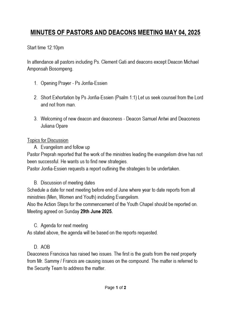 Minutes For Pastors and Deacons Meeting May 04, 2025 | PDF | Deacon ...