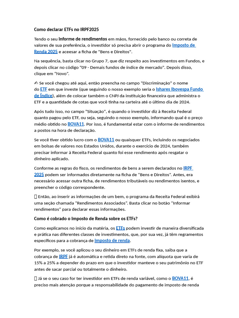 Como declarar ETFs no IRPF2025 | PDF | Câmbio de fundo comercial | Imposto de Renda