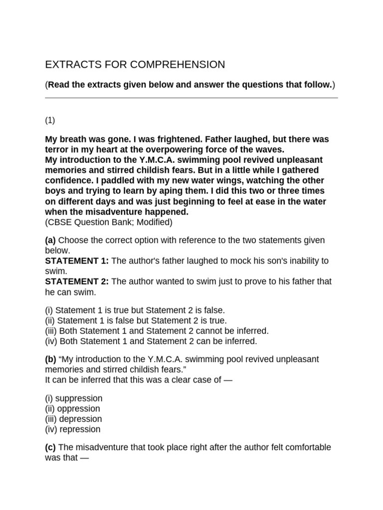Class 12 English: Deep Water Extracts | PDF | Swimming | Fear
